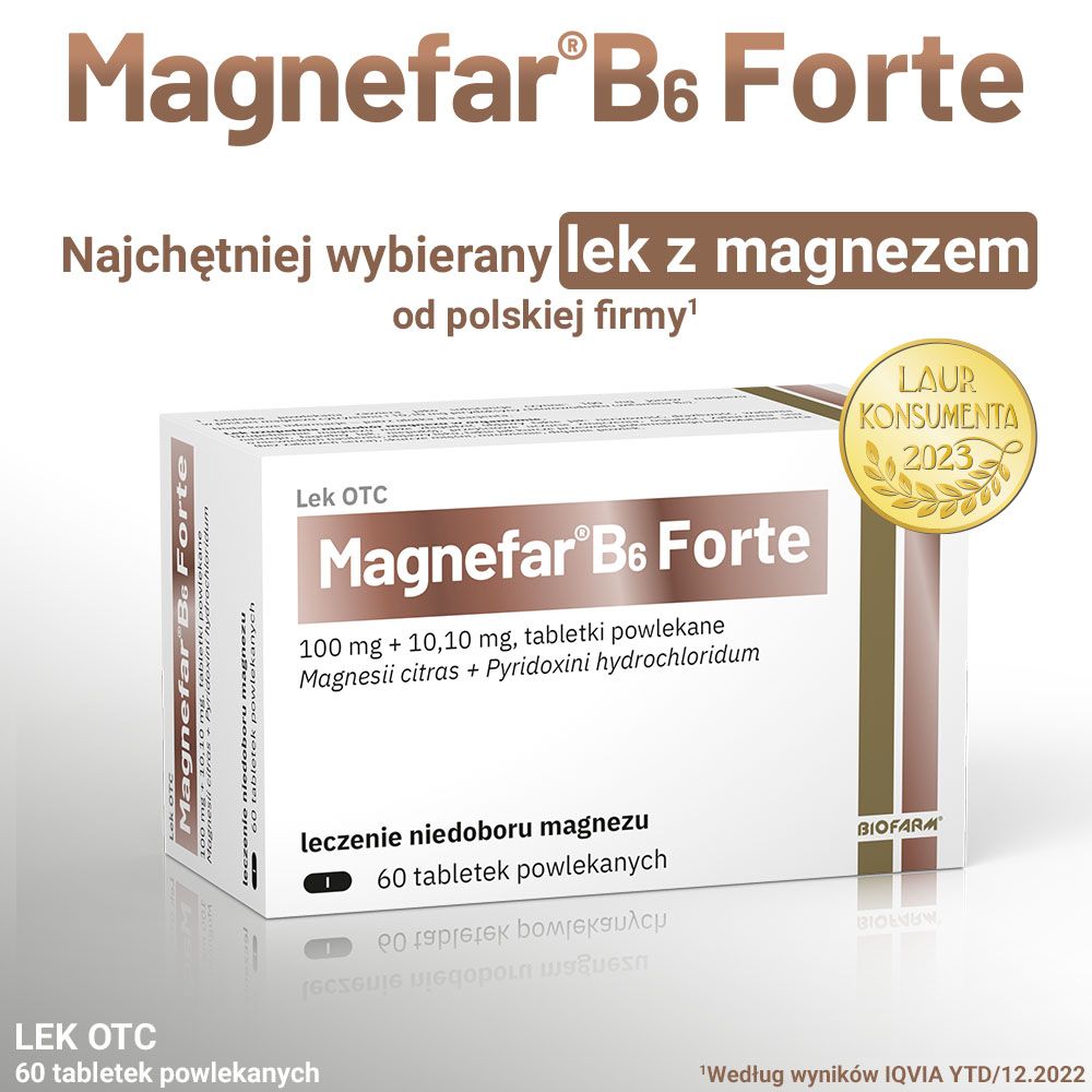 Magnefar B6 Forte, 100 mg + 10,10 mg, 60 tabletek powlekanych | Apteline.pl