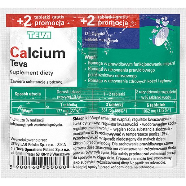 Calcium Teva (Calcium Pliva), 12 tabletek musujących + 2 gratis ...