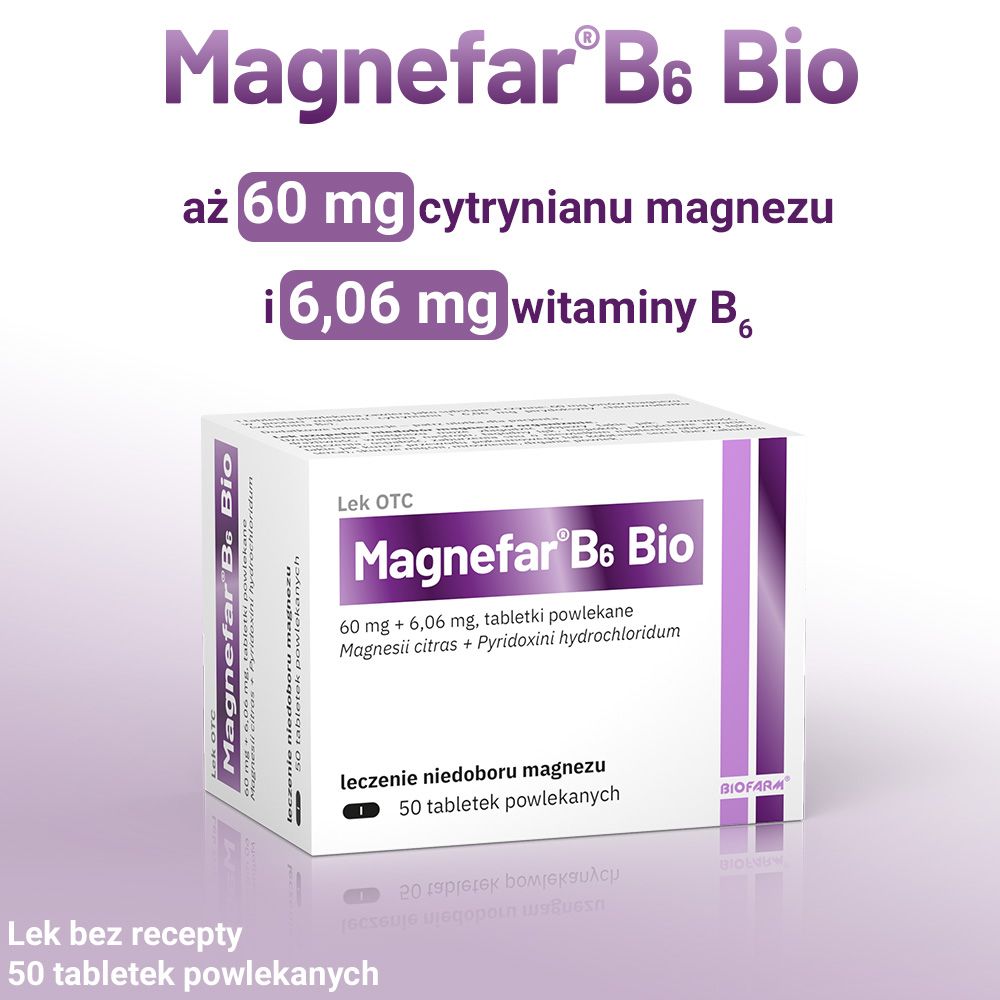 Magnefar B6 Bio, 60 mg + 6,06 mg, 50 tabletek powlekanych | Apteline.pl